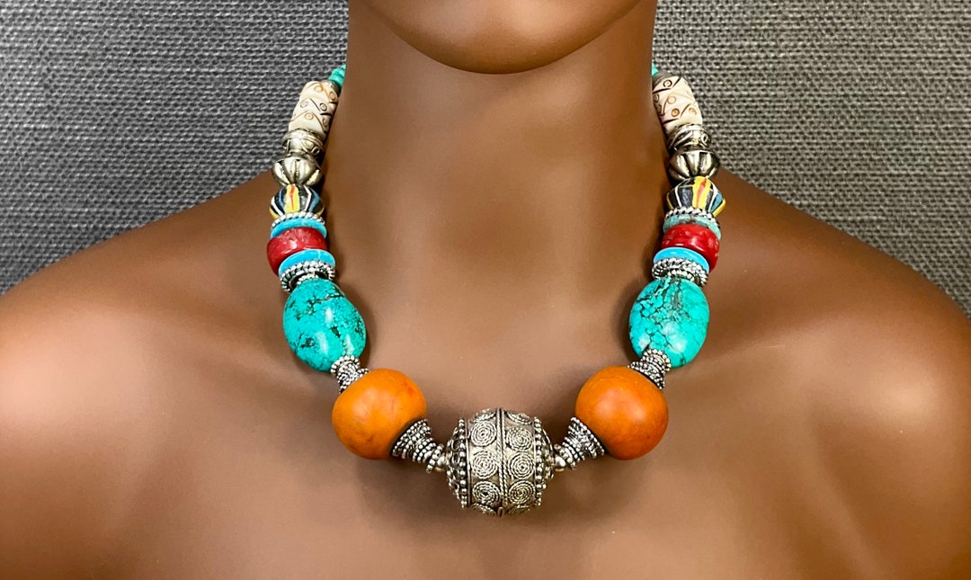 20in. Chunky AFRICAN Trade Beads Necklace, Copal Turquoise Necklace for ...