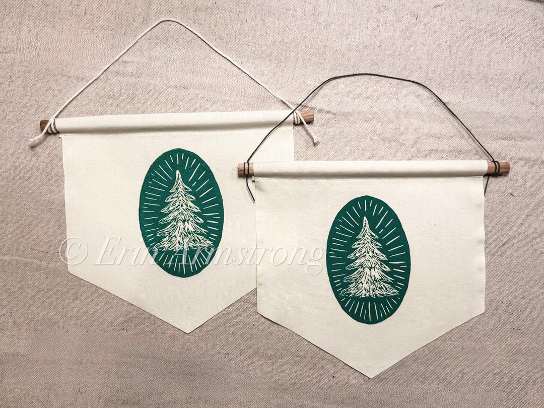 Linocut Christmas Tree Banner | Hand-printed Fabric Wall Hanging ...