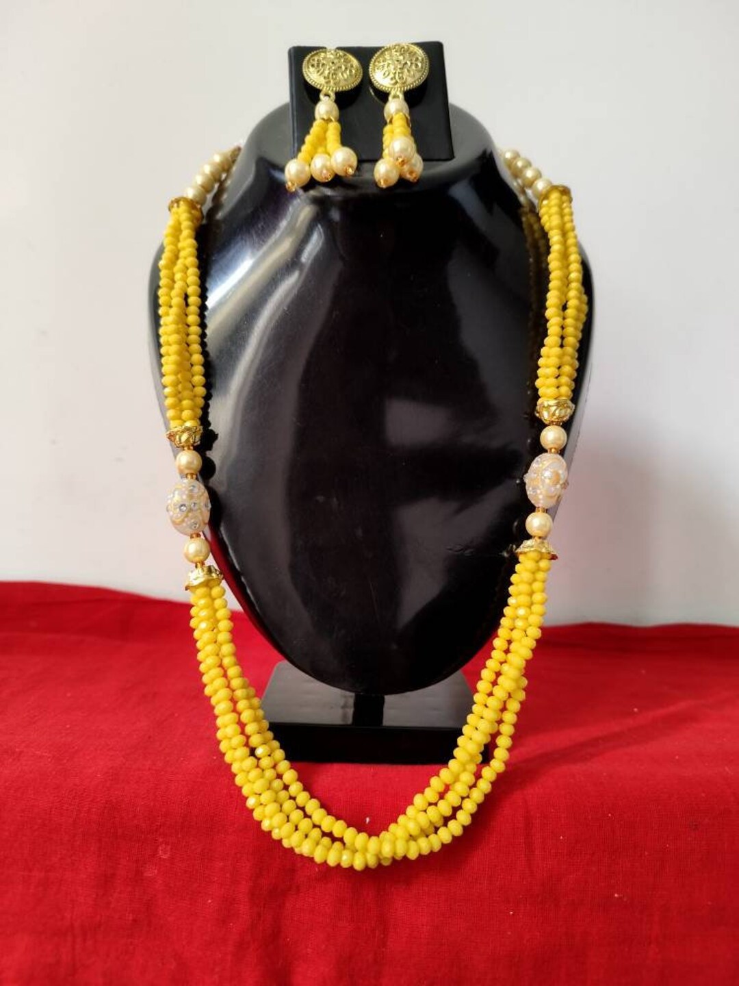 Yellow onex Beadednecklace Set With Earrings,multi Strand Bridesmaid ...