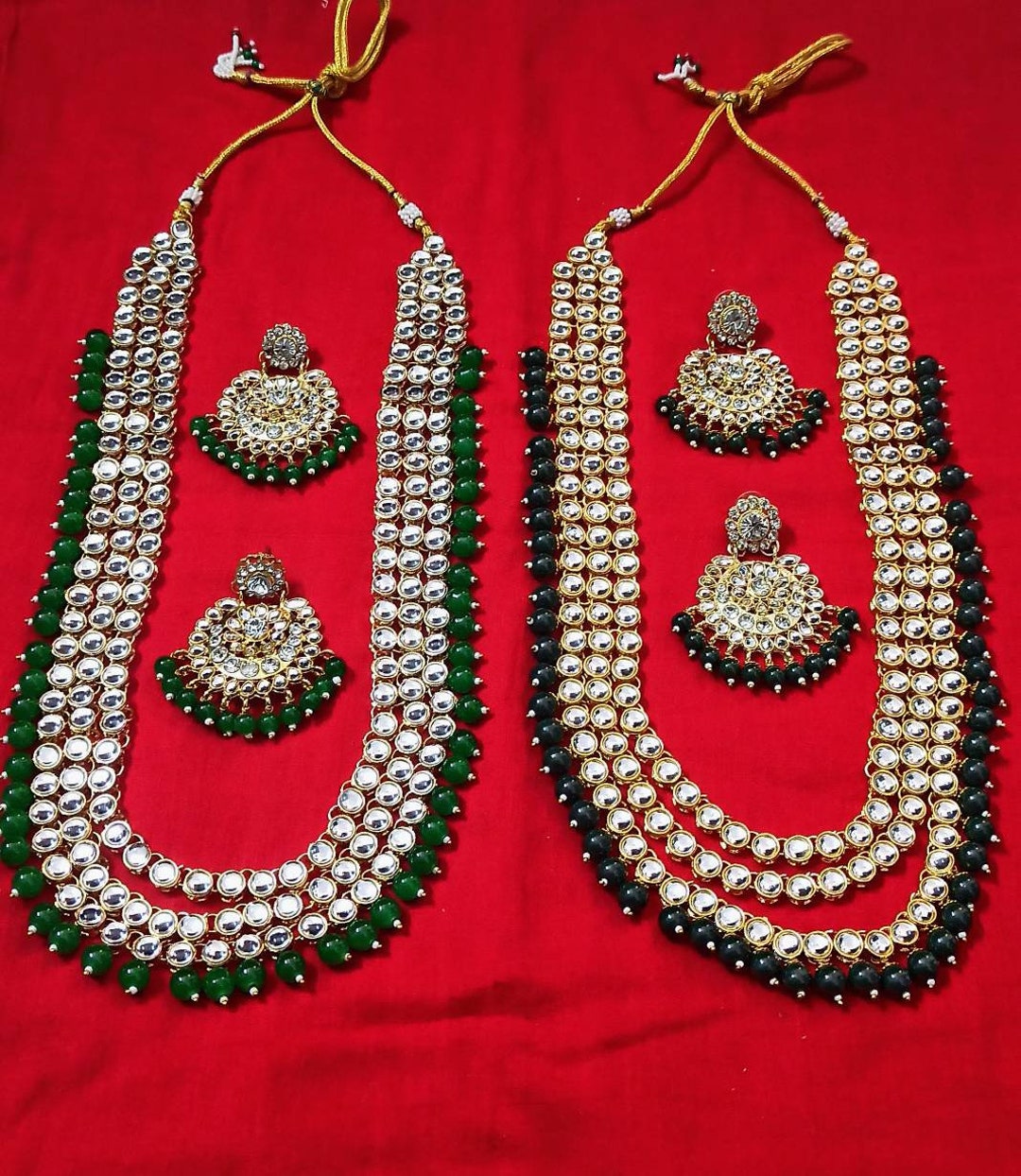 Emerald Green Beaded Kundan Necklace Set/rani Haar Indian Jewellery/bollywood Long Kundan ...