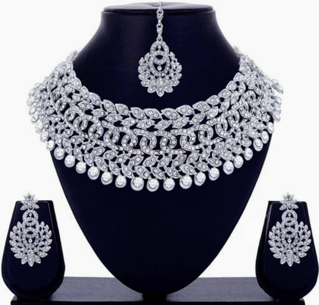 Indian Bollywood Style Fashion Wedding Silver Plated Diamond Necklace ...