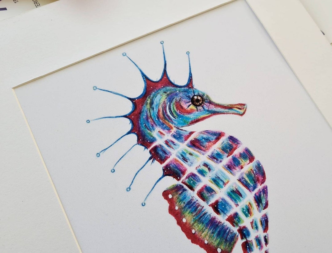 Seahorse Drawn in Coloured Pencil, Seahorse Print, A4 Size Seahorse ...