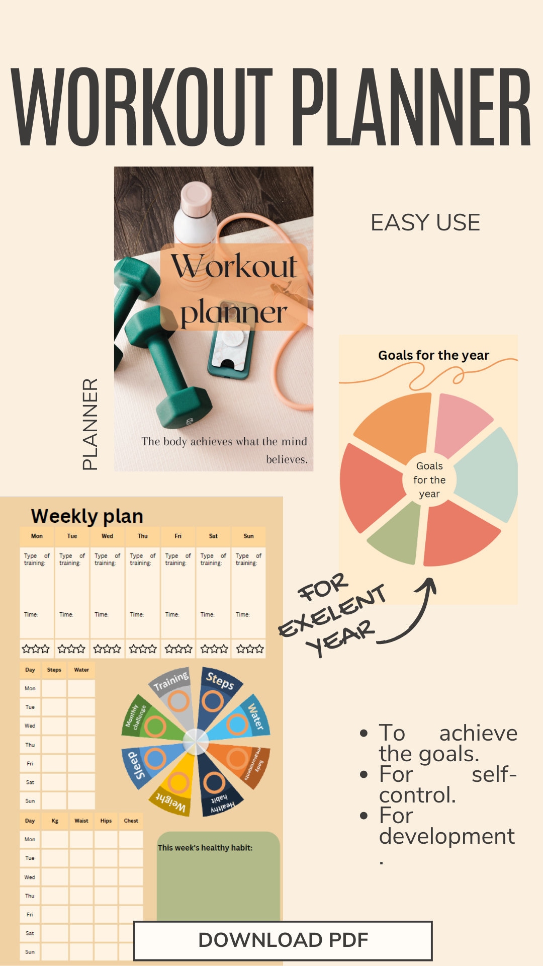 Printable Workout Planner, Check Your Progress and Data, Set Year Goals ...