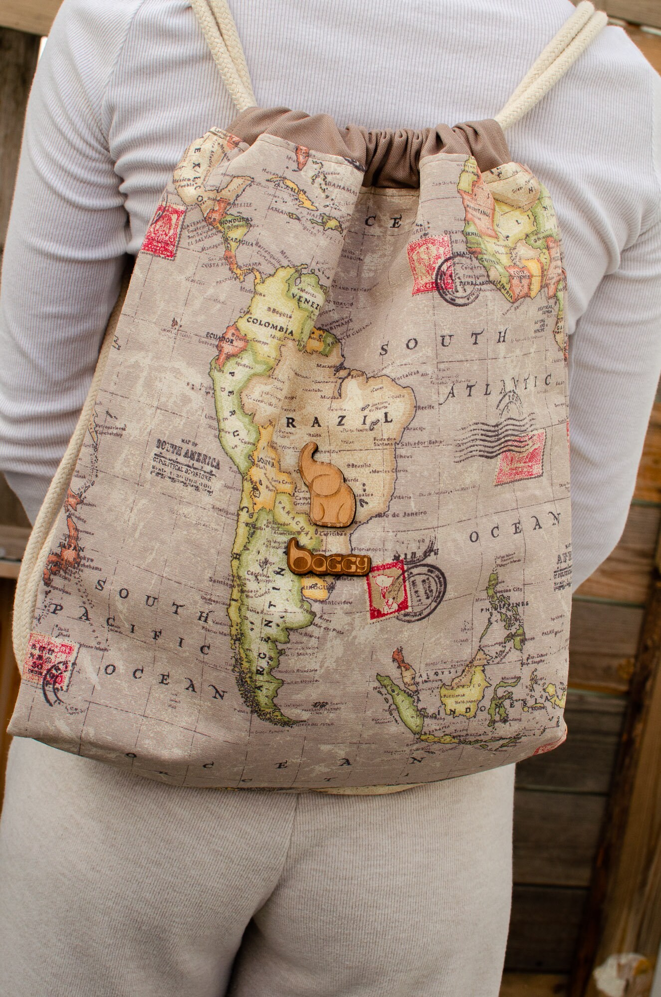 Drawstring World Map Cotton Canvas Bag Unisex World Map Gym Bag Double ...
