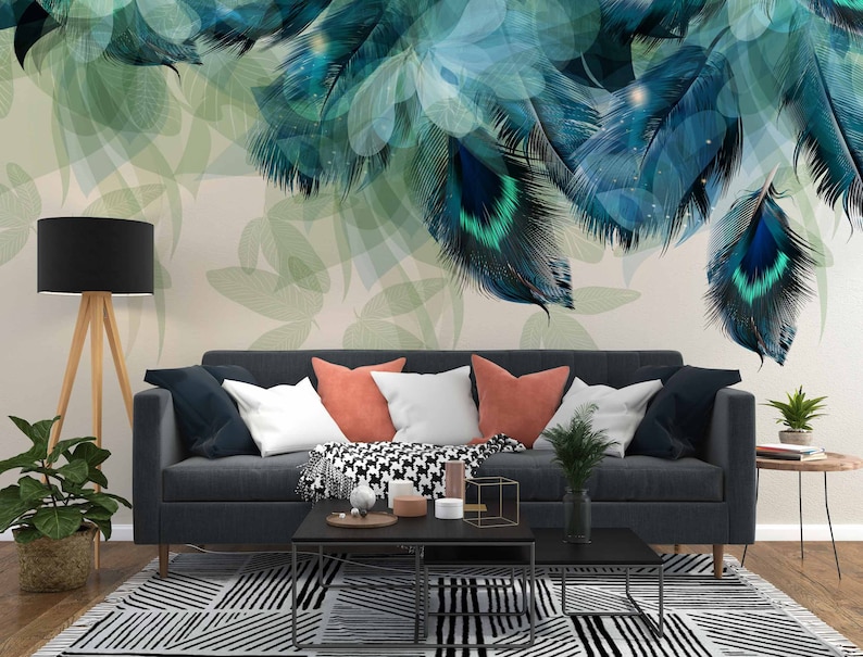 Abstract Peacock Feather Removable Wall Prints Tropical Leaves - Etsy