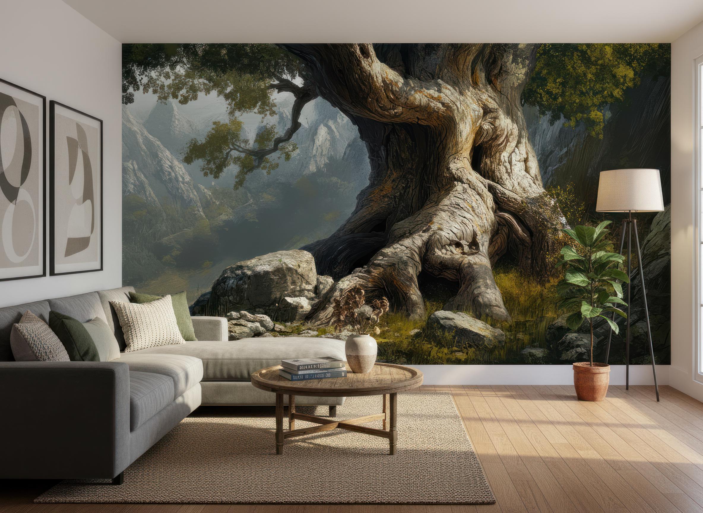 Ancient Tree Wallpaper Mural, Moody Forest Landscape Wall Mural, Dark ...