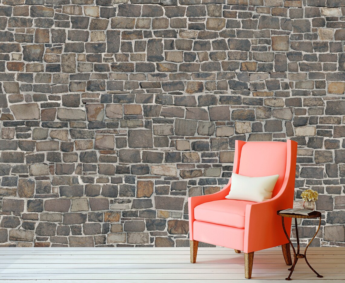 Grey Stone Brick Wall Mural for Living Room Grey & Brown | Etsy