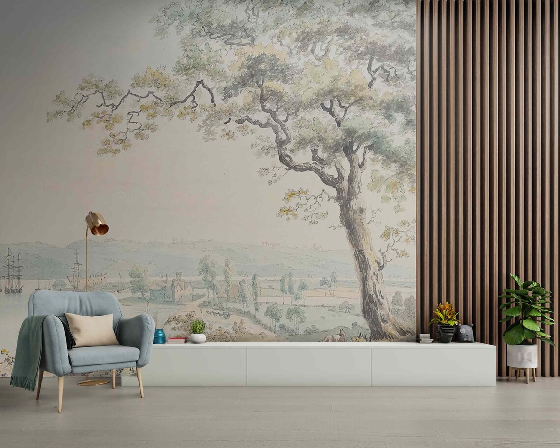 Light Rural Landscape Peel and Stick Victorian Style Big Tree Nature ...