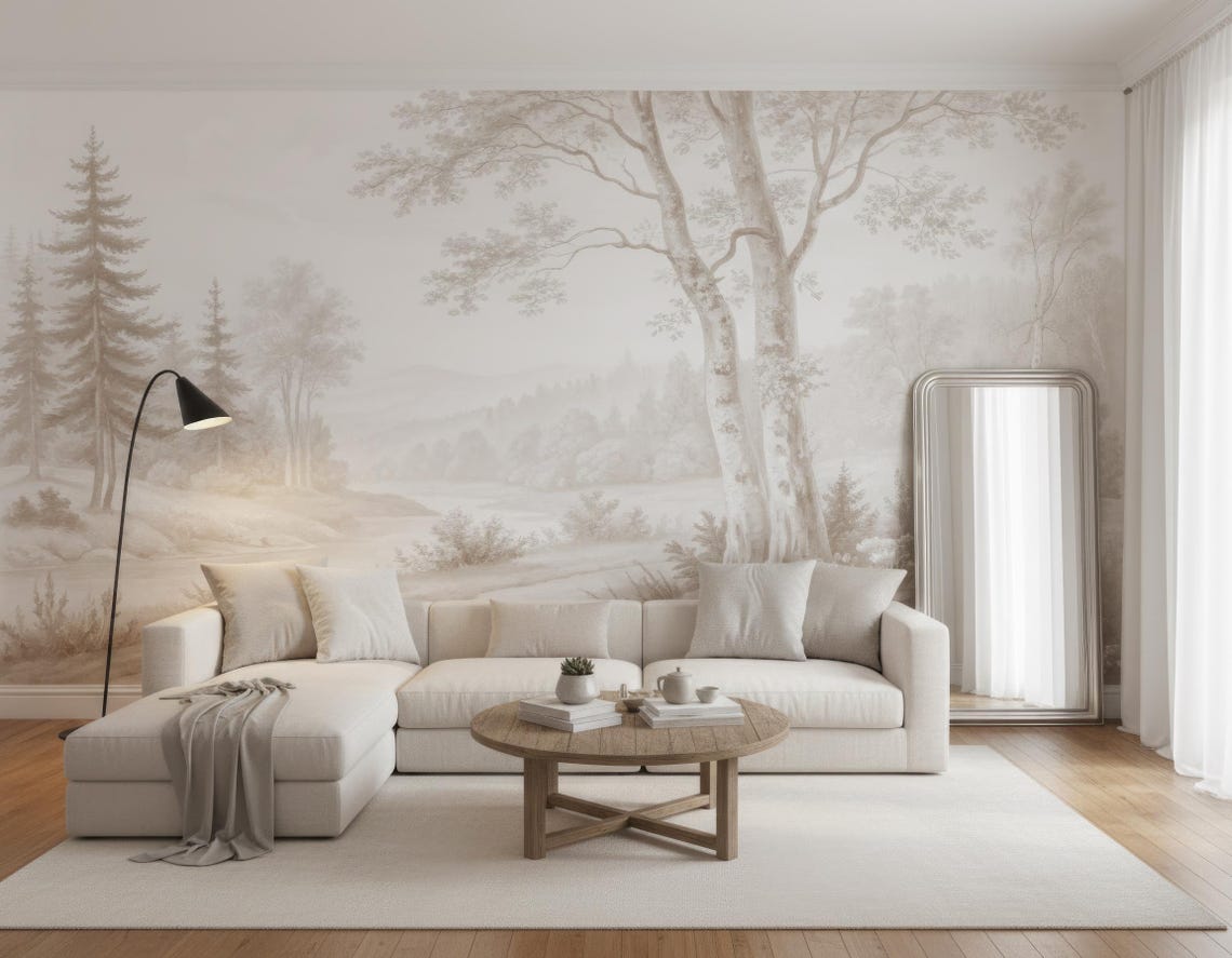 Neutral Forest Wallpaper Mural – Soft Nature Landscape Wall Art ...