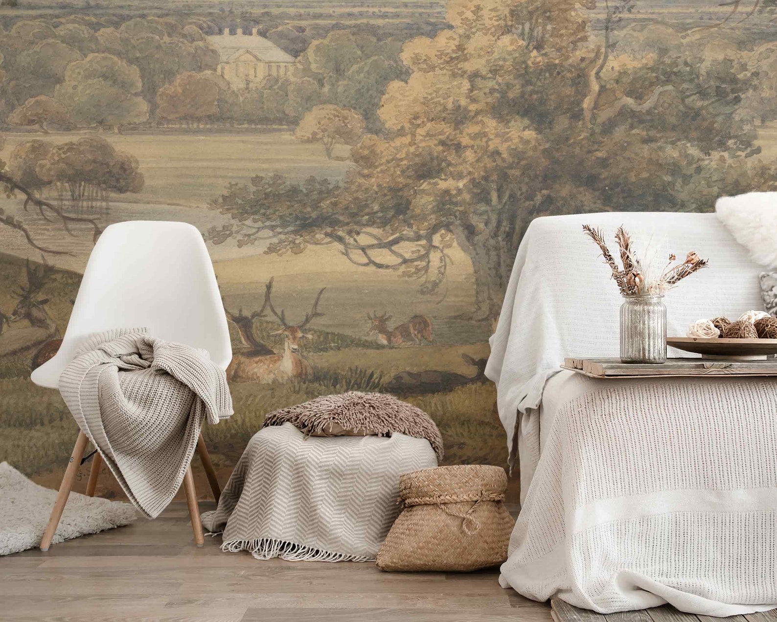Vintage Landscape Big Trees Valley Deer and River Regular Wallpaper ...