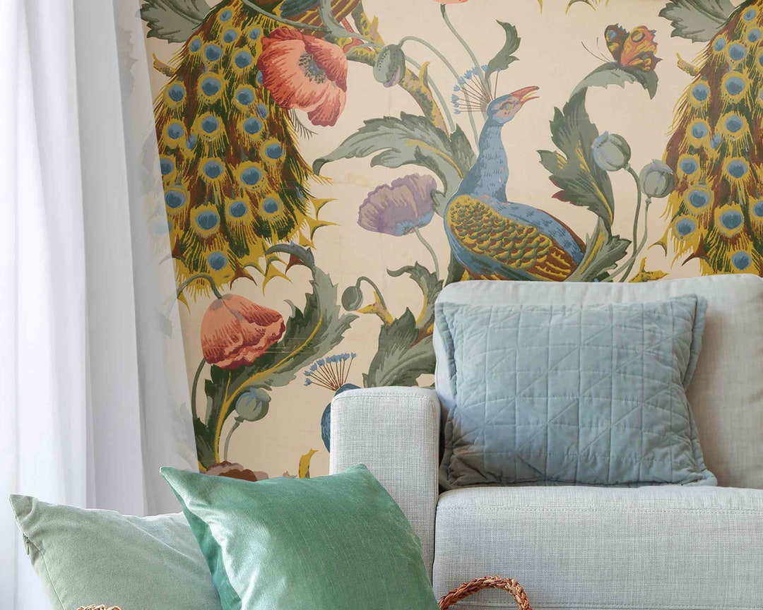 Retro Peacocks Wallpaper Vintage Wall Art Art Nouveau Mural - Etsy