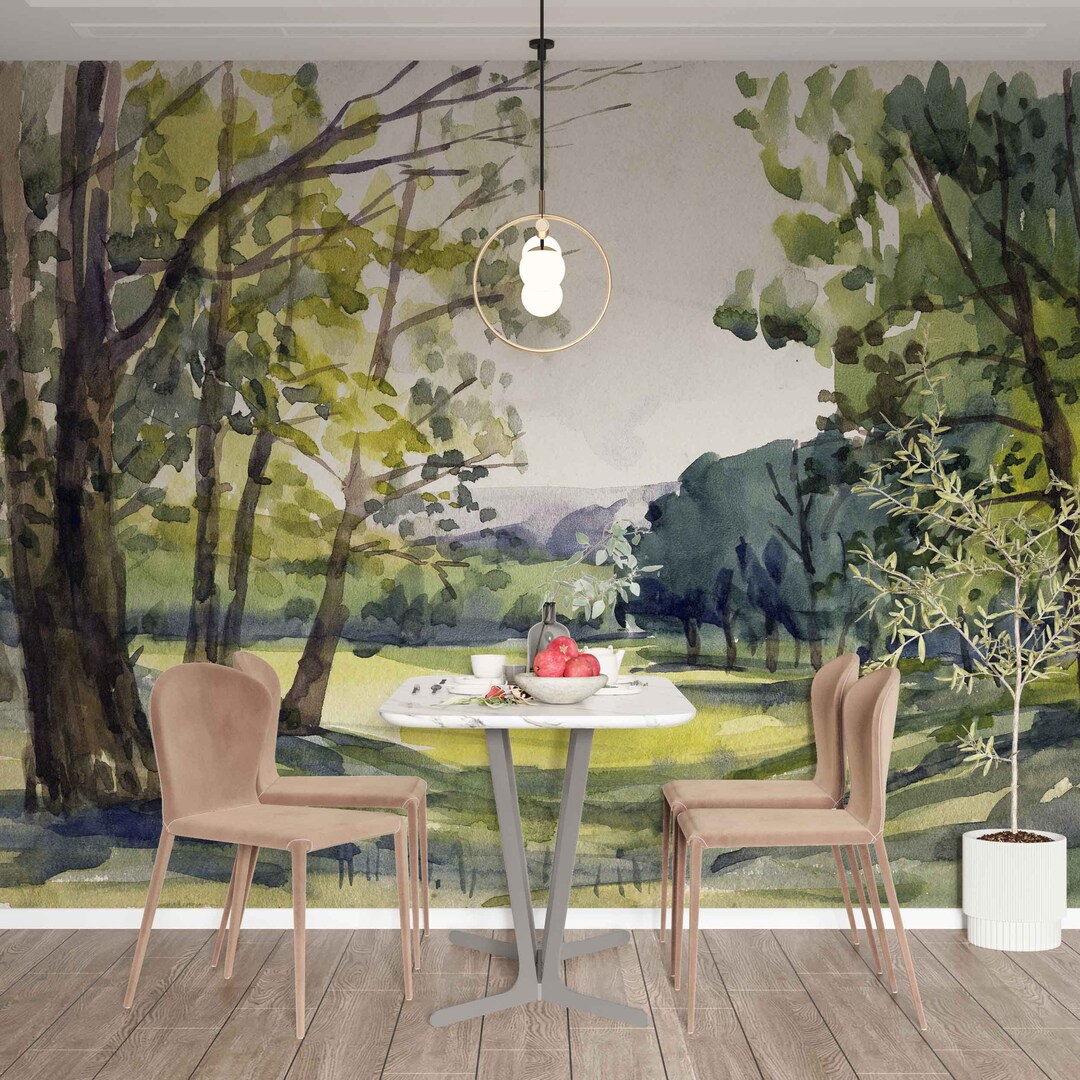 Watercolor Tree Wall Mural Landscape Countryside Mural Removable ...