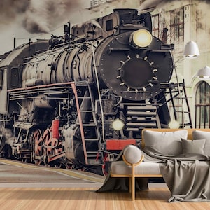 Removable Wallpaper Red Train Station Self Adhesive Mural Express Wall ...