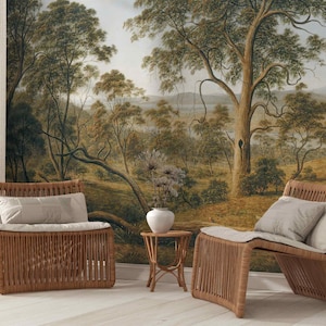 Vintage Big Tree Landscape Removable Wallpaper, Green Forest Living ...