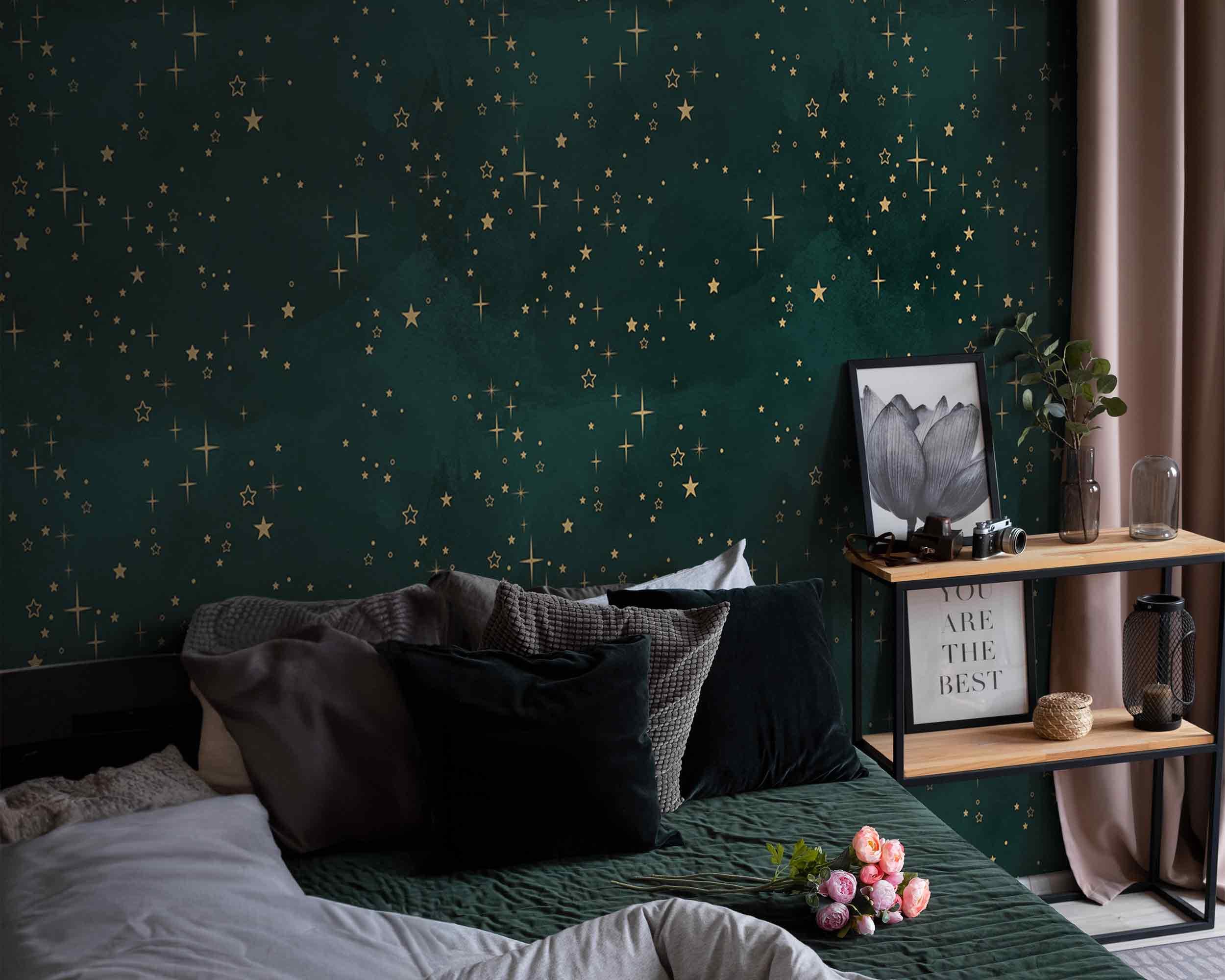 Emerald Starry Night Wall Mural Celestial Wallpaper Cosmic Sky Decor ...