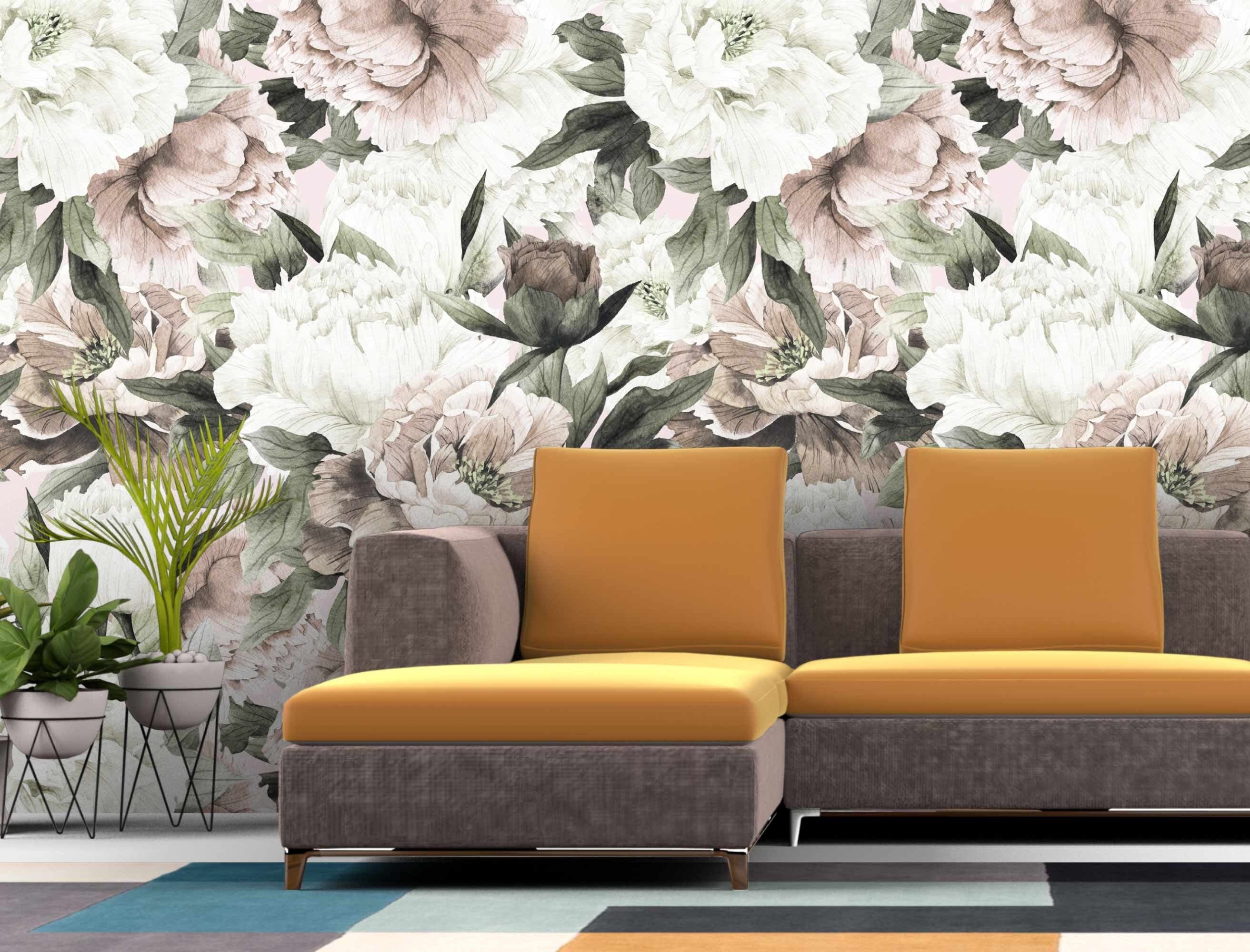 Winter Flowers Mural Wallpaper Watercolor Big Flower Blossom Peel and ...