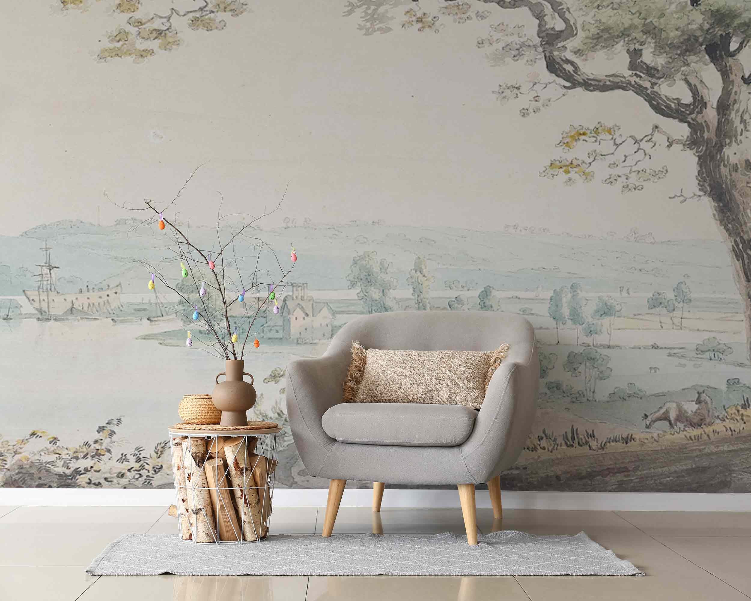 Light Rural Landscape Peel and Stick Victorian Style Big Tree Nature ...