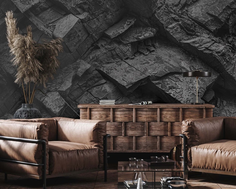 Black Stone Wall Removable Wallpaper Dark Wall Mural Black Texture Self-adhesive Large Mural ...