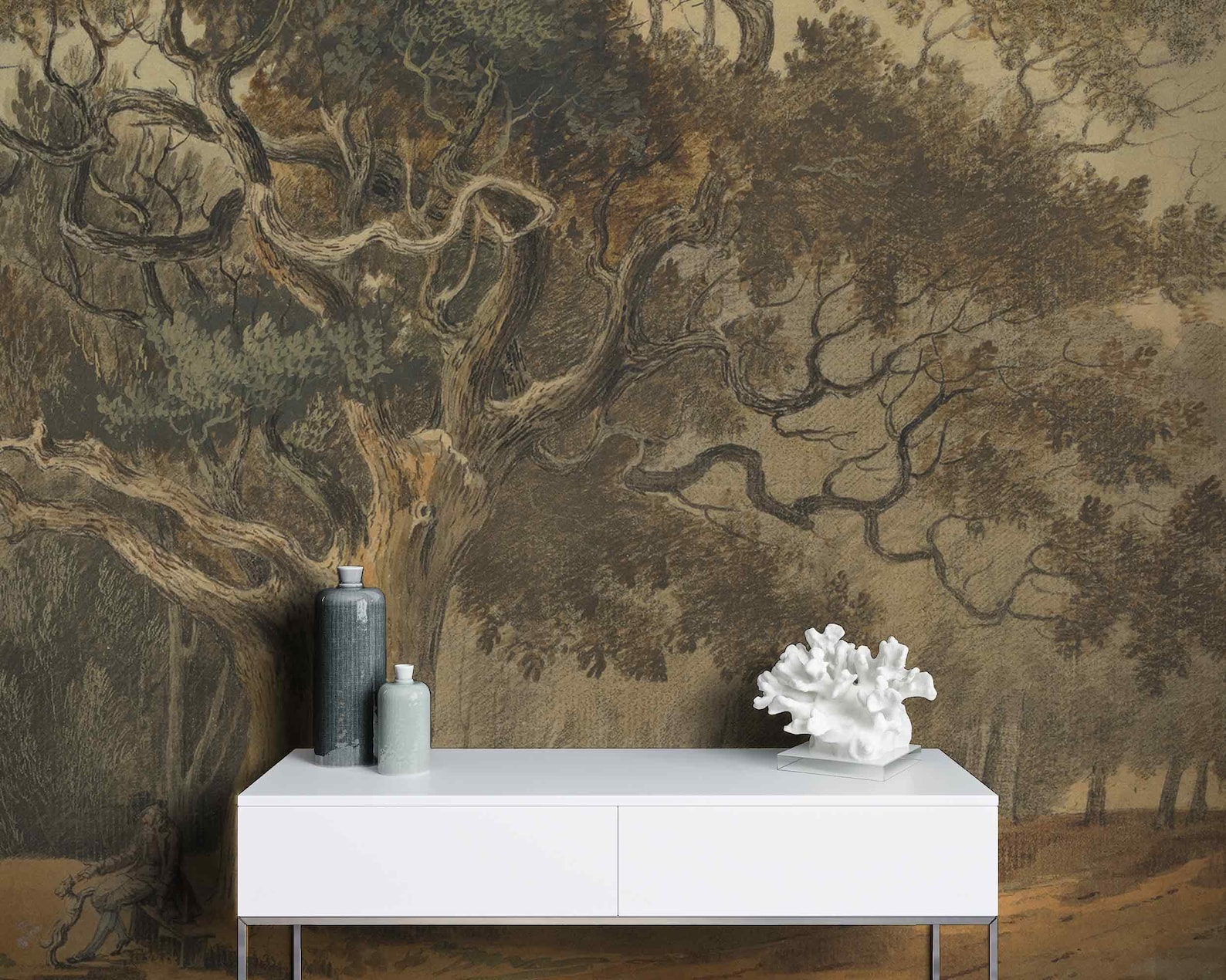 Vintage Oak Tree Wall Mural Large Tree Art Print Antique Woodland ...
