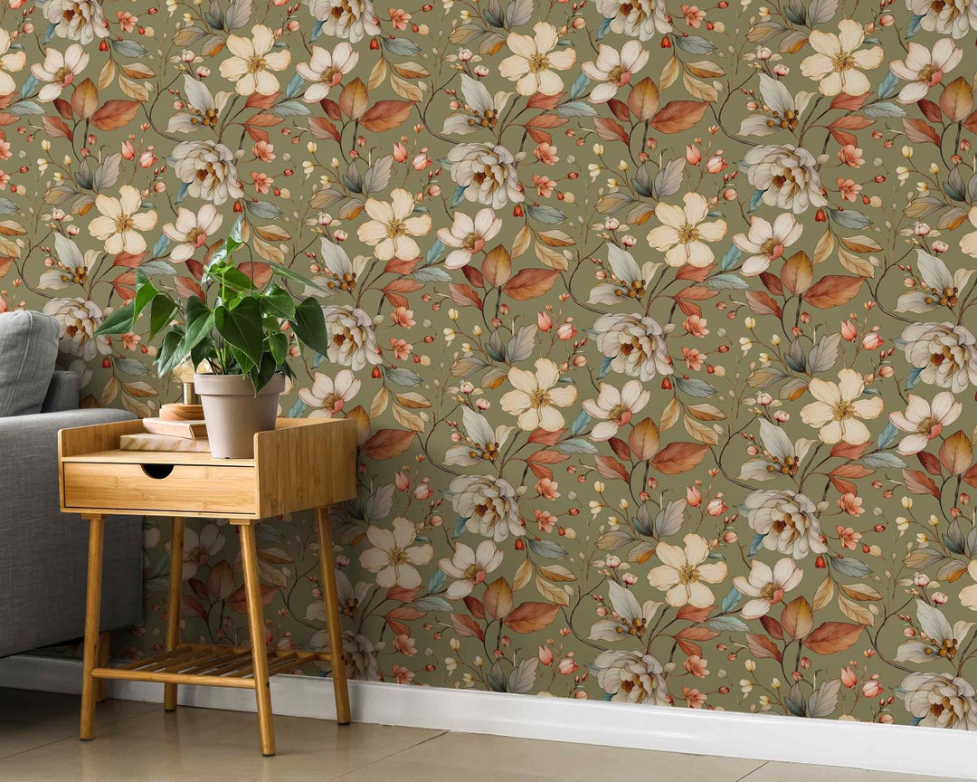 Green Wallpaper With Flowers Vintage Floral Removable or Regular Mural ...