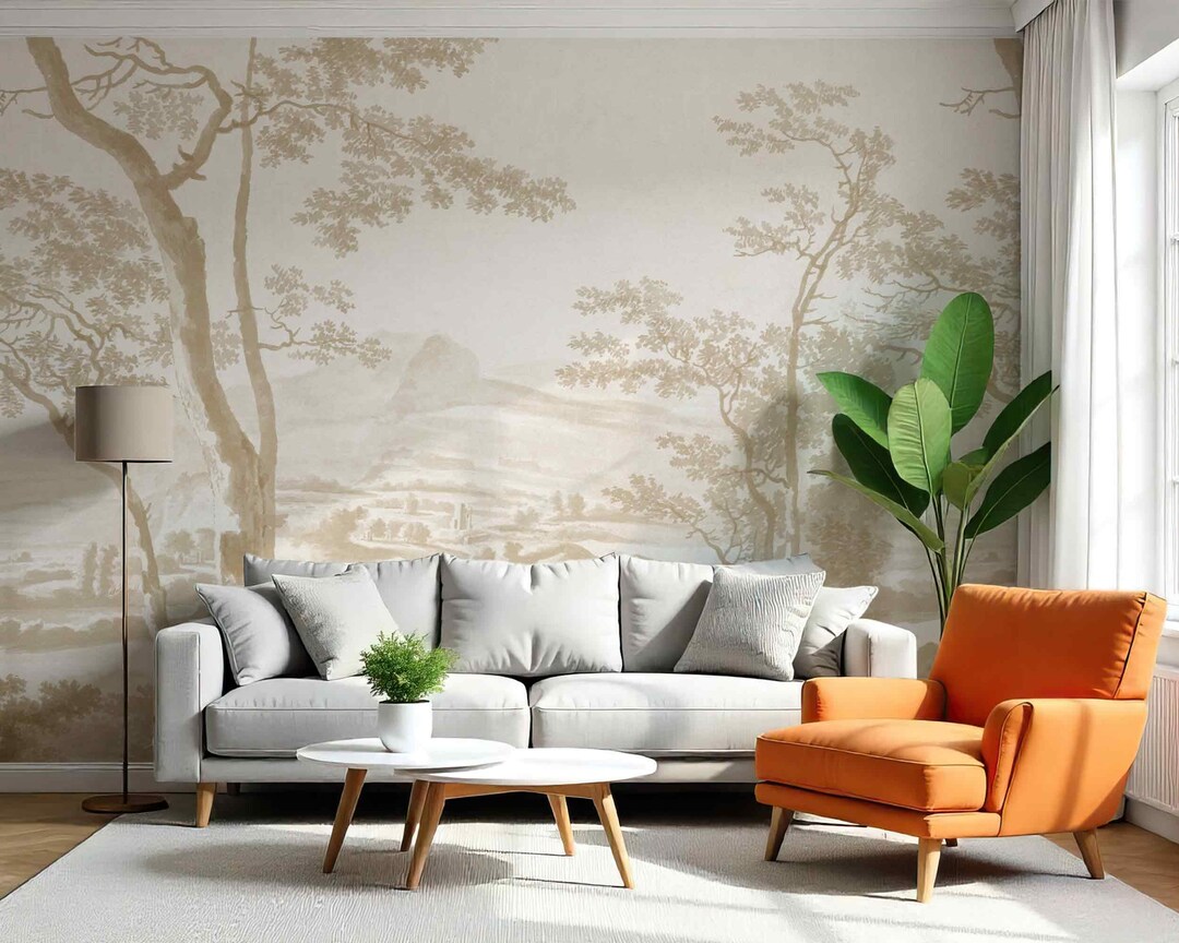 Victorian Beige Landscape Wallpaper Mural – Classic Watercolor Trees ...