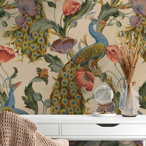 Retro Peacocks Wallpaper Vintage Wall Art Art Nouveau Mural Removable ...