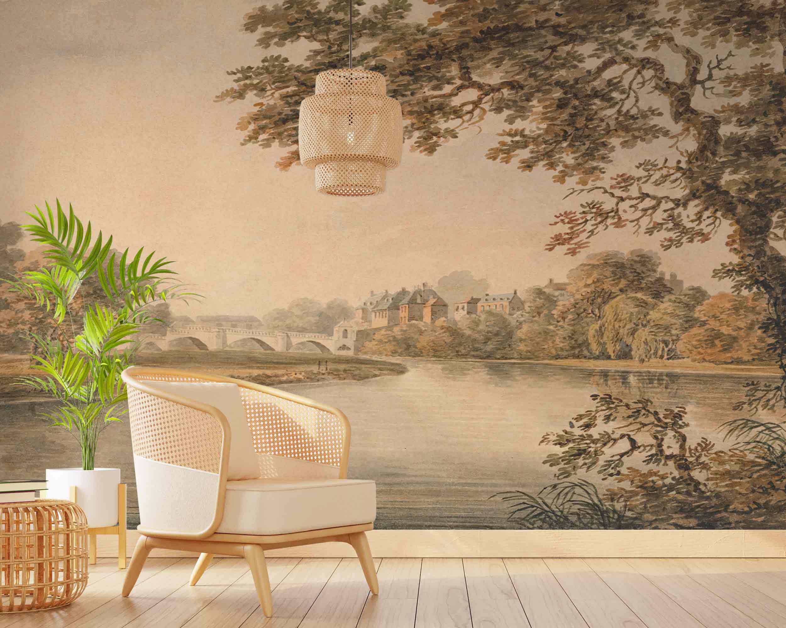 Rustic Landscape Mural Retro View Wall Art Vintage Big Tree Removable ...