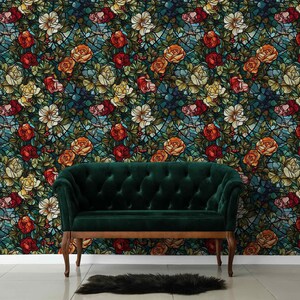 Vintage Stained Glass Rose Pattern Wallpaper - Removable or Traditional ...