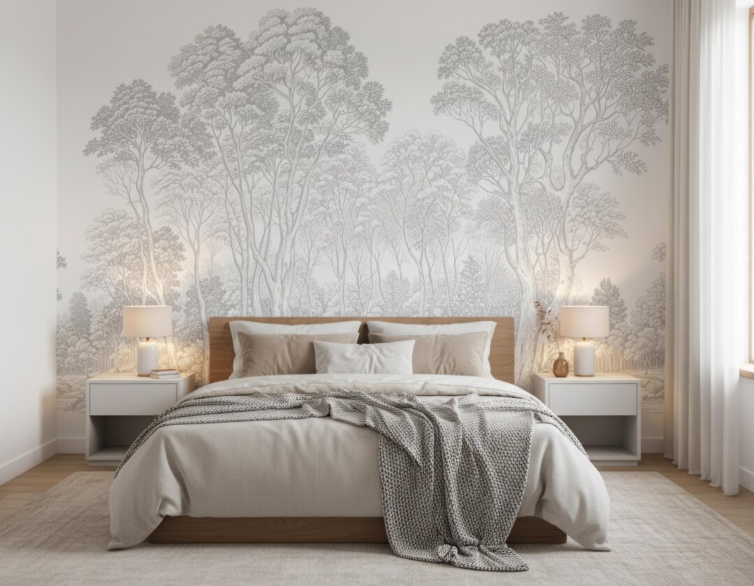 Beige Forest Wallpaper Mural, Vintage Tree Wall Art, Removable or ...
