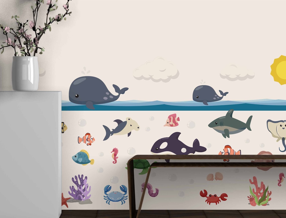 Sea Animals Wall Decal Set Whale Fish Kids Stickers Underwater Scene ...
