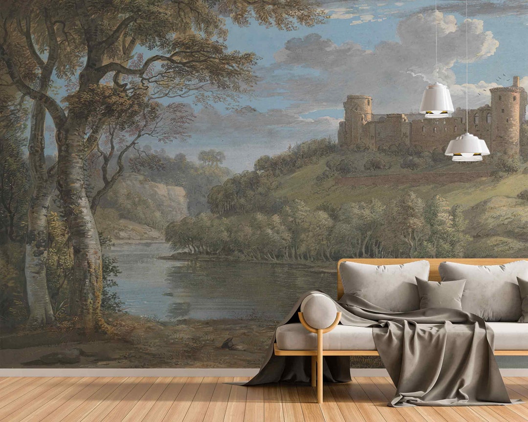Vintage Big Tree River Ancient Castle Wall Art Removable Mural Rural ...