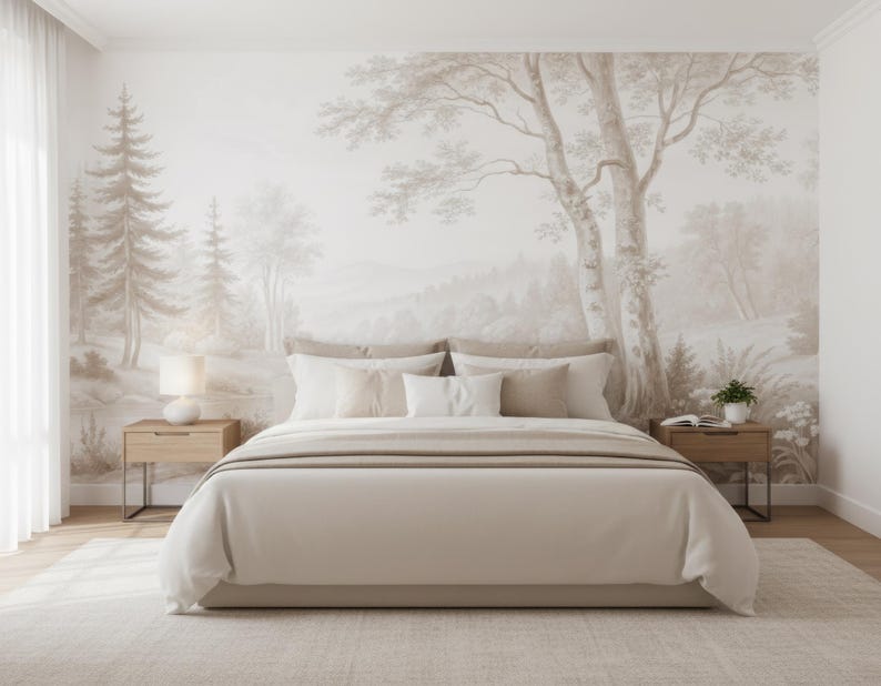 Neutral Forest Wallpaper Mural – Soft Nature Landscape Wall Art ...