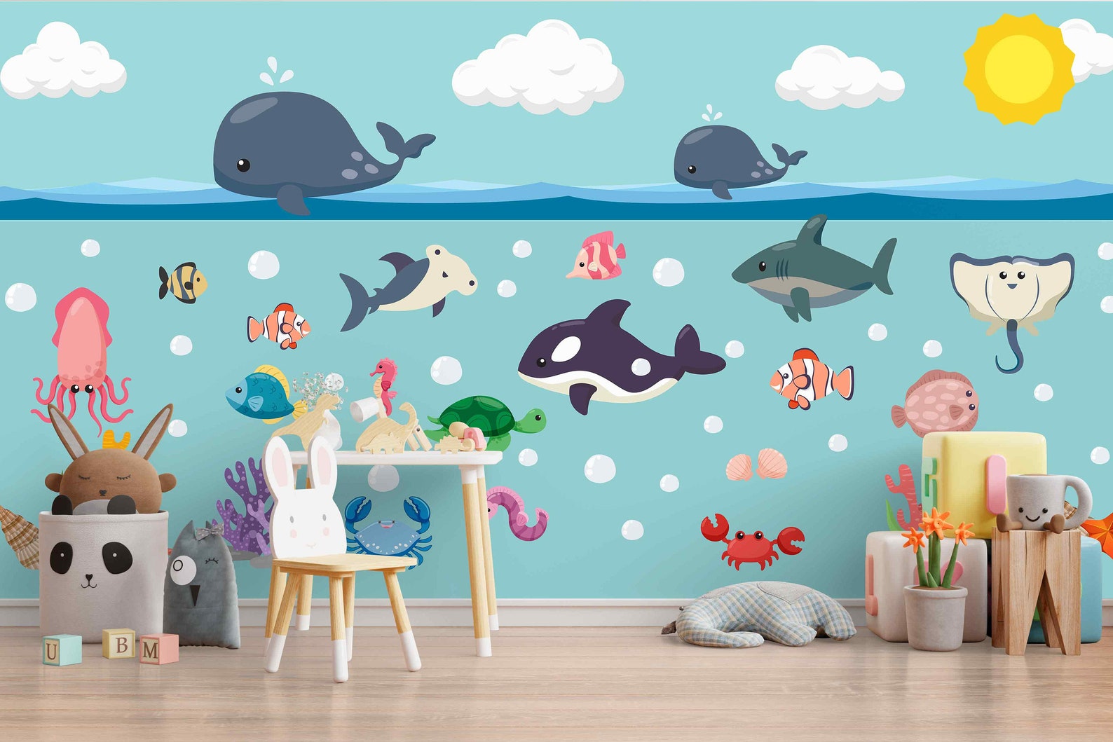 Sea Animals Wall Decal Set Whale Fish Kids Stickers Underwater Scene ...