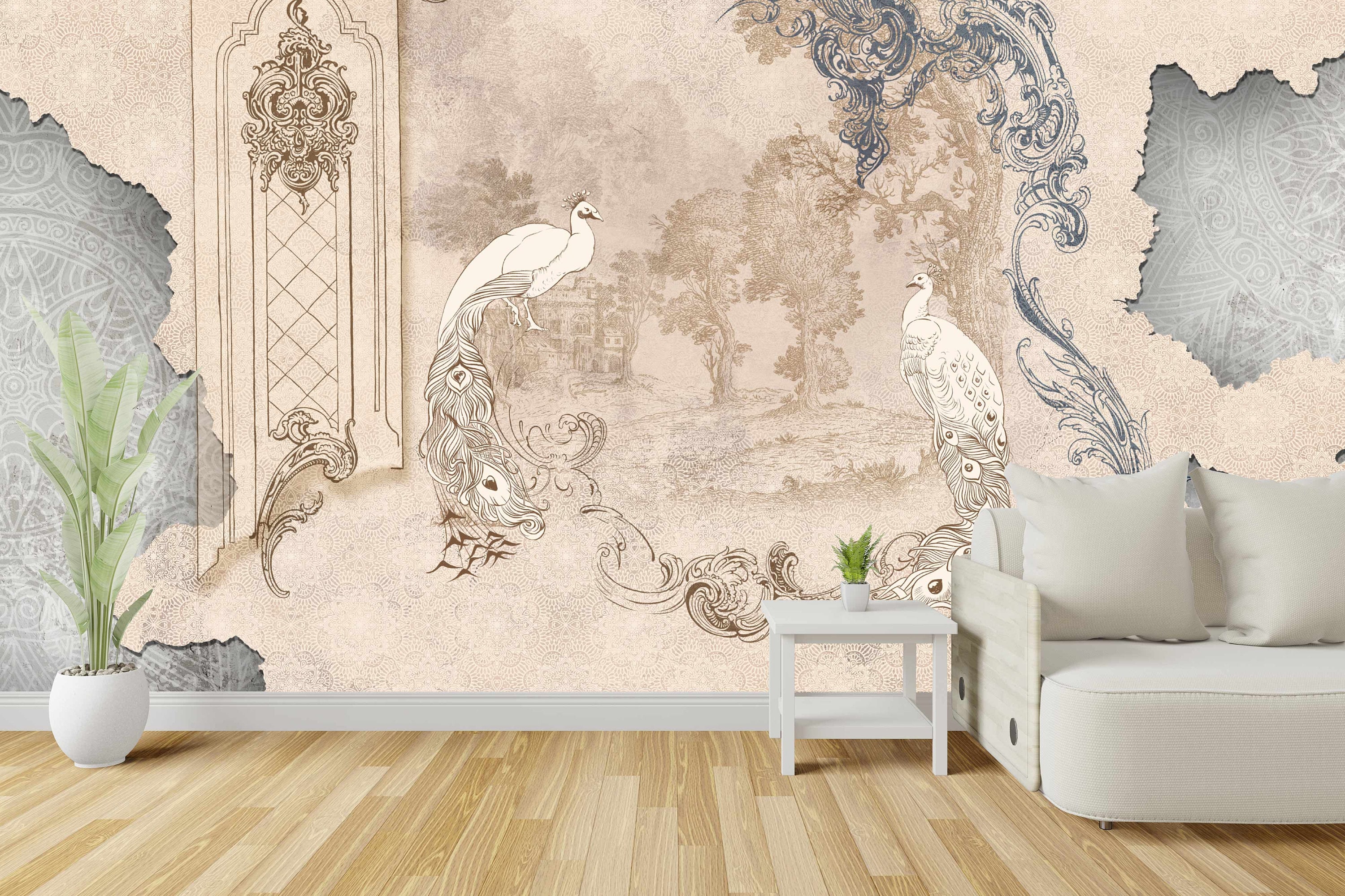 Antique Mural Peacock Classic Art Damask Concrete - Etsy