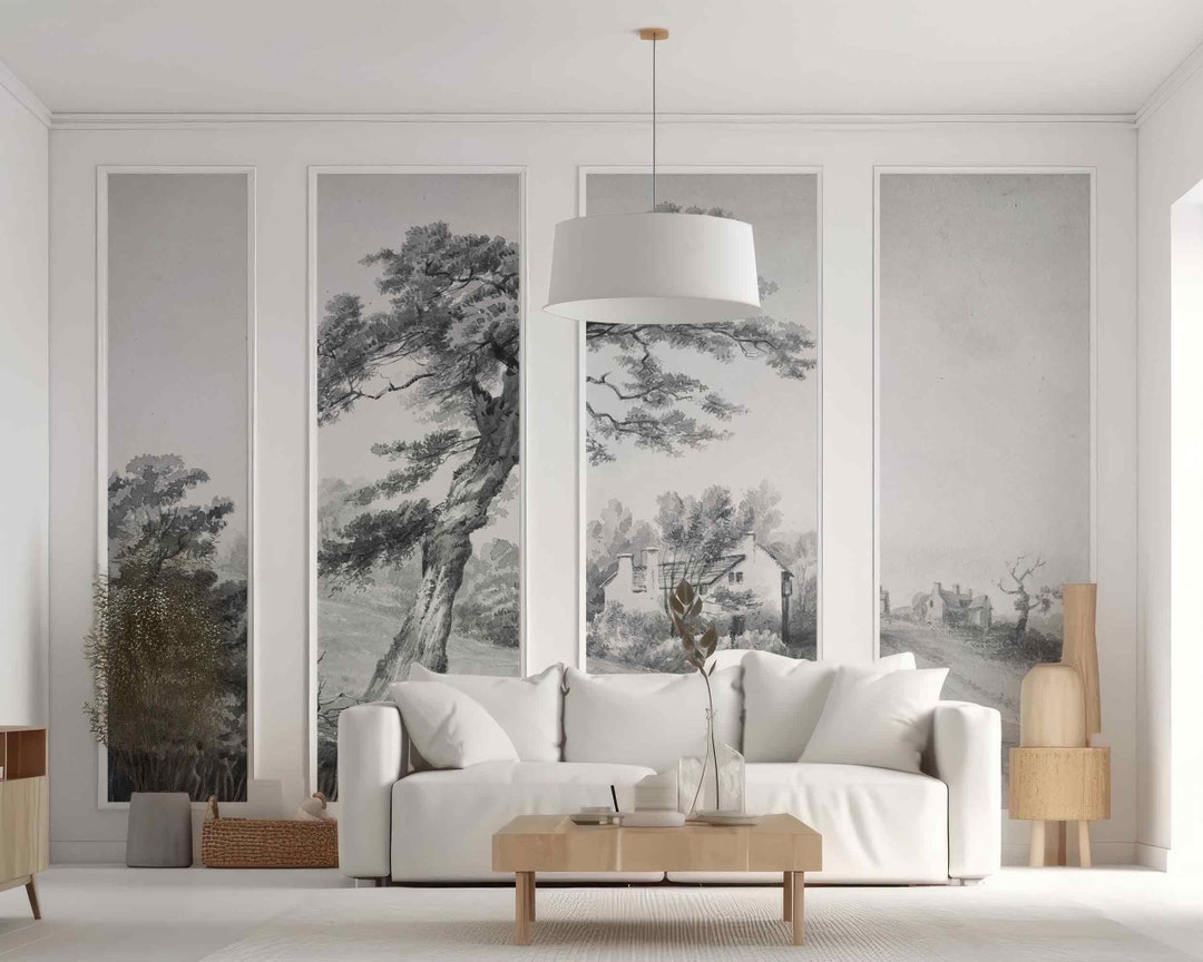 Black and White Rural Mural Wallpaper Landscape Victorian Style Big ...