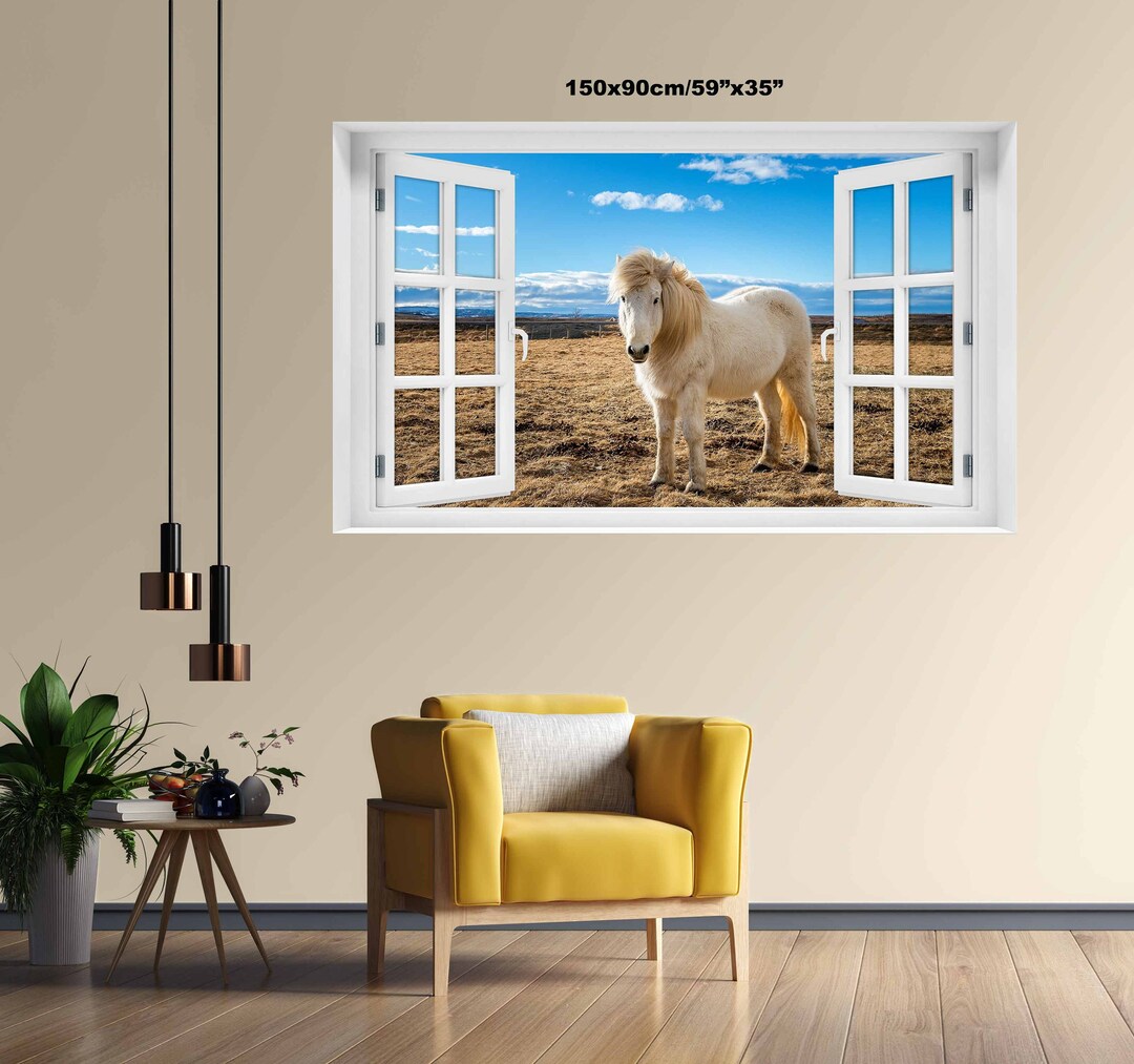 Biege Horse in Window 3d Window Decal Wild Horse Mural Sticker Peel ...