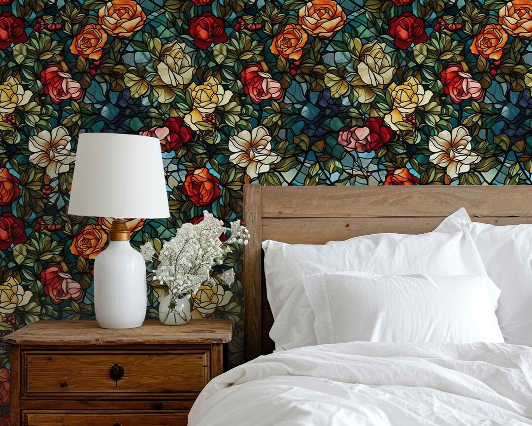 Vintage Stained Glass Rose Pattern Wallpaper - Removable or Traditional ...