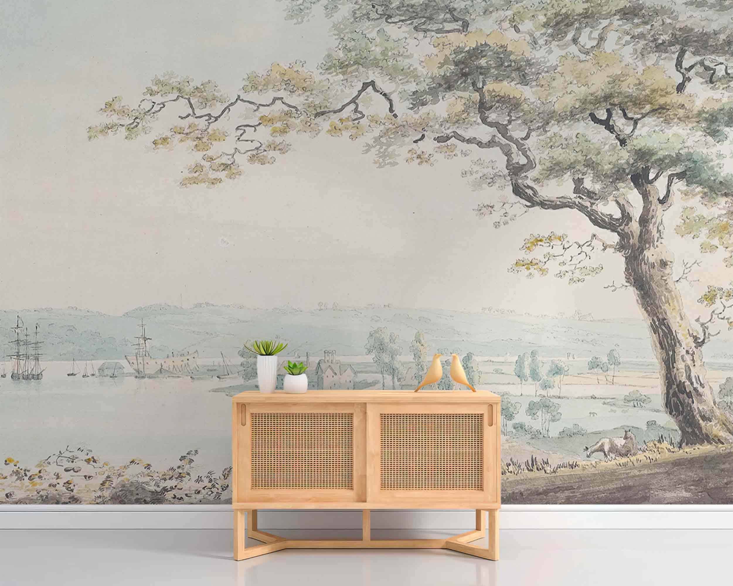 Light Rural Landscape Peel and Stick Victorian Style Big Tree Nature ...