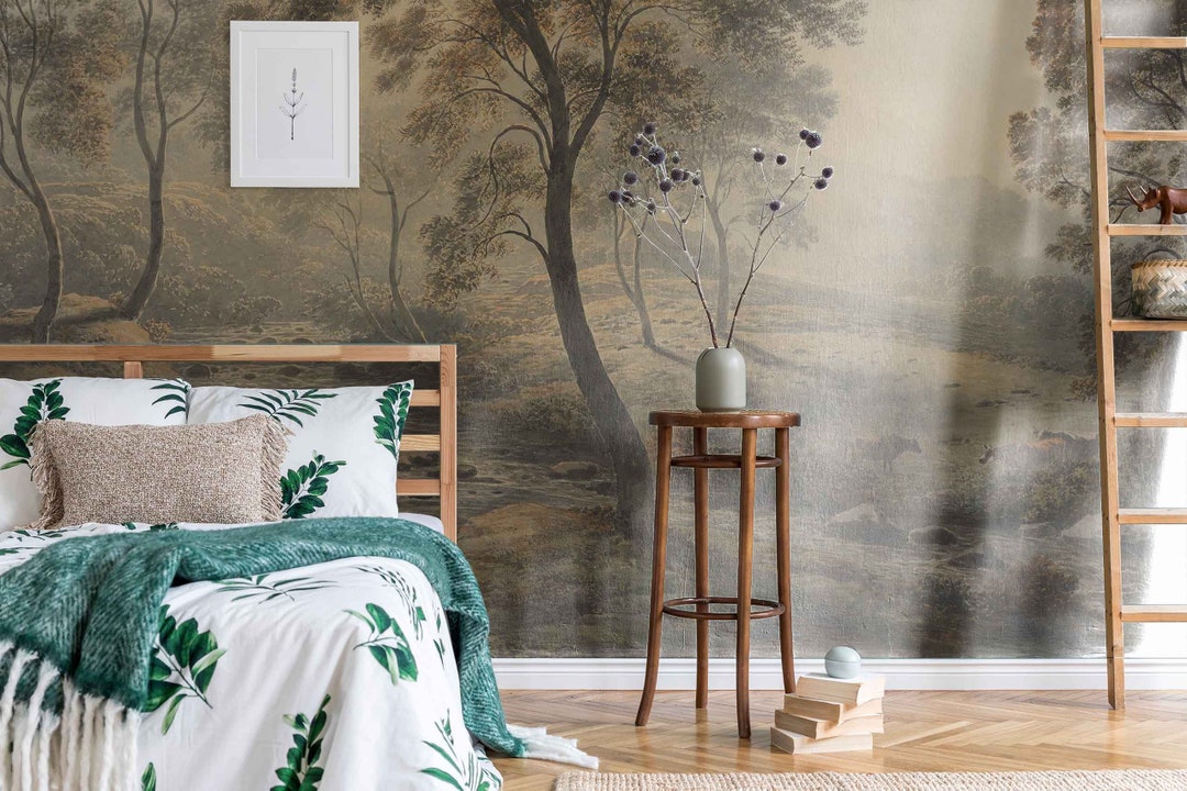 Vintage Tree Removable Wallpaper Retro Shabby Forest Landscape - Etsy