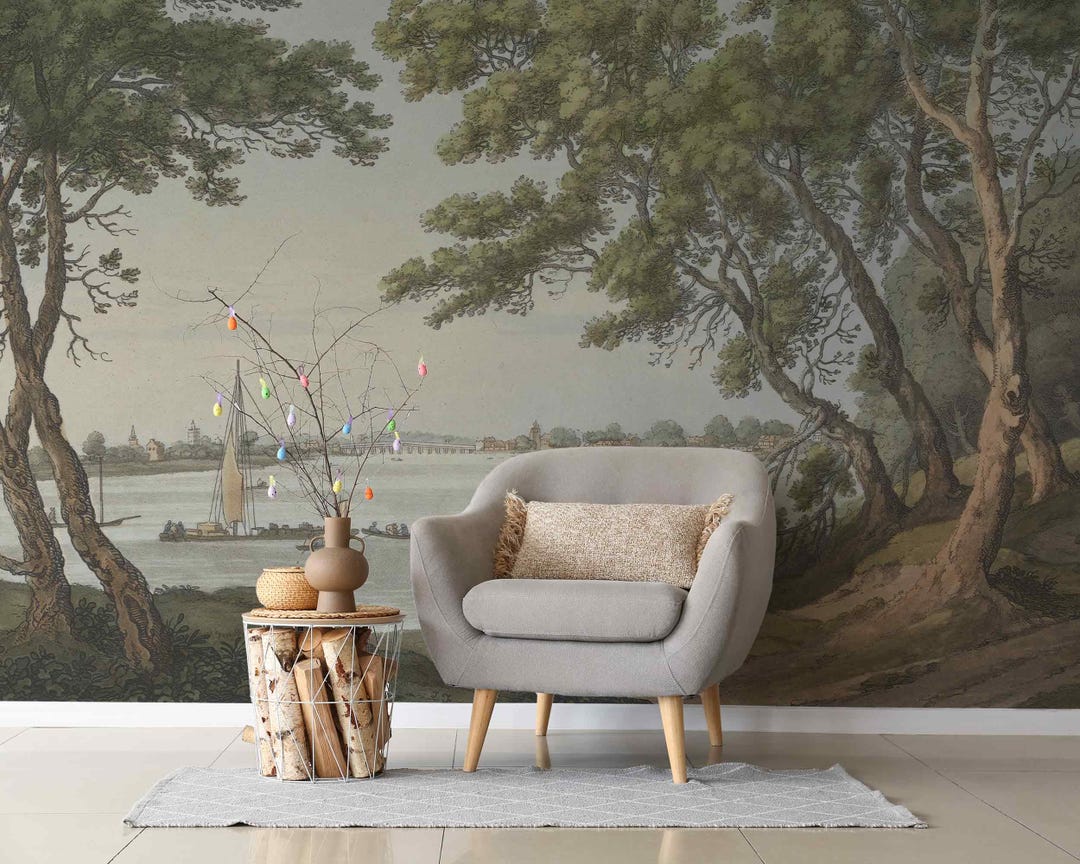 Vintage River Landscape Mural Boats Serene River Scene Trees Bridge ...