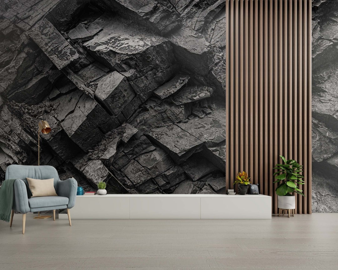 Black Stone Wall Removable Wallpaper Dark Wall Mural Black Texture Self ...