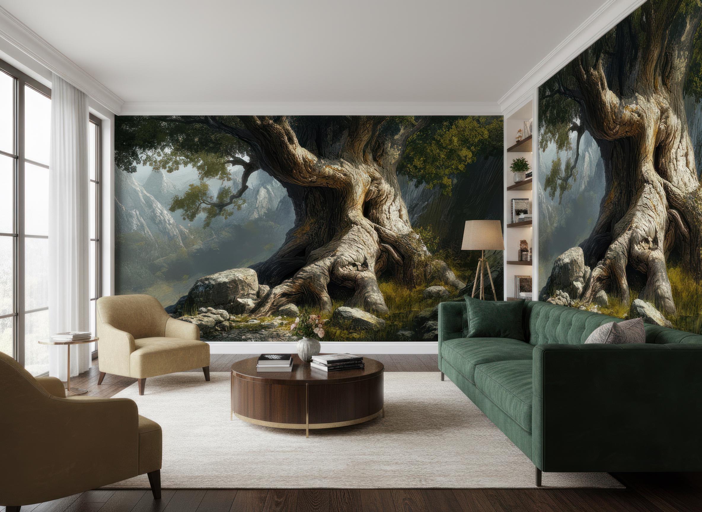 Ancient Tree Wallpaper Mural, Moody Forest Landscape Wall Mural, Dark ...