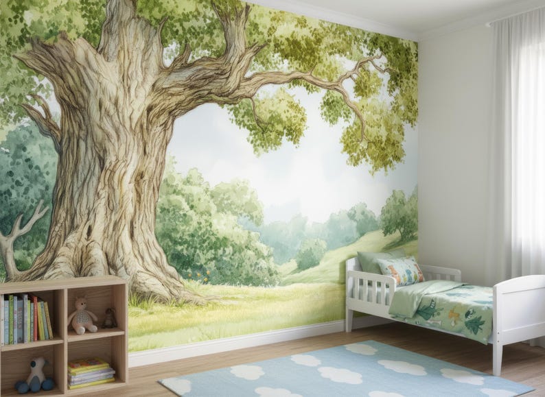 Enchanted Tree Wallpaper Mural, Nursery Forest Wall Mural, Kids Room ...