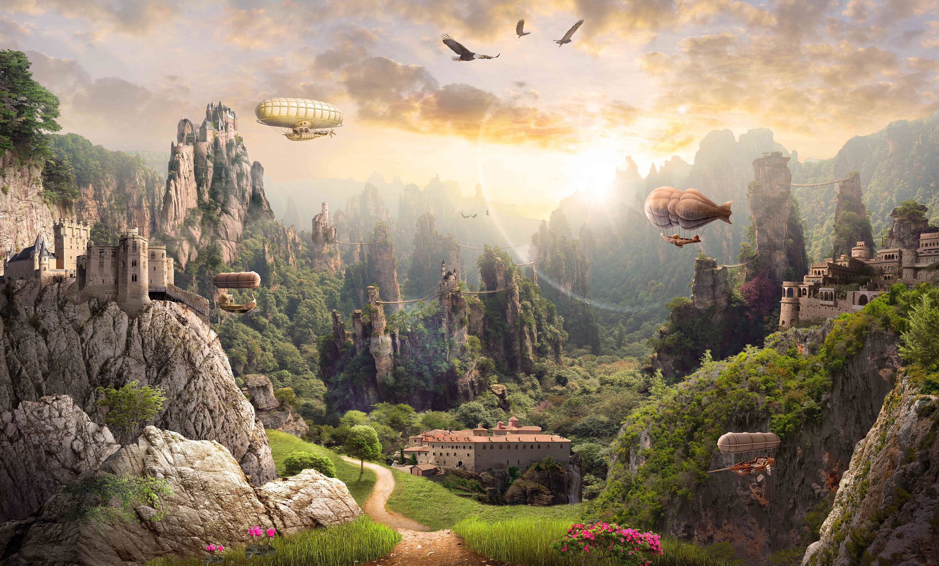 Steampunk wall mural Airships fantasy removable wallpaper | Etsy