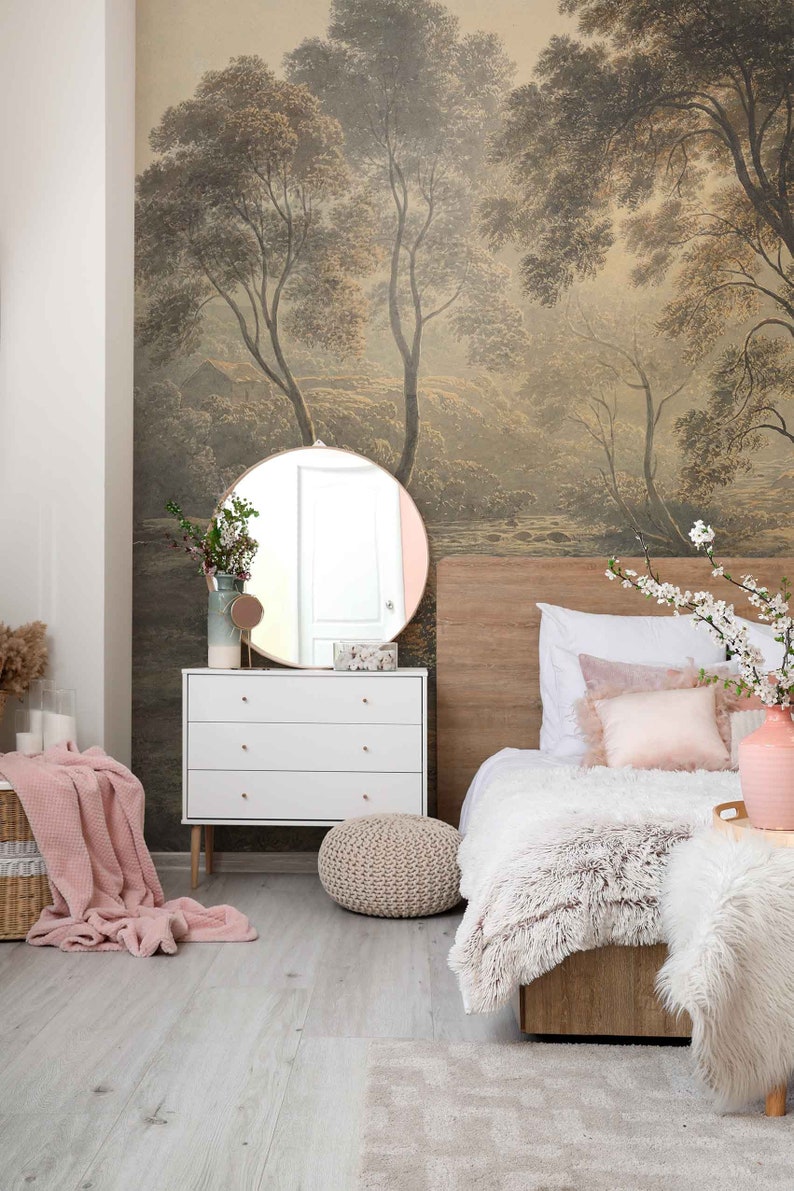 Vintage Tree Removable Wallpaper Retro Shabby Forest Landscape - Etsy