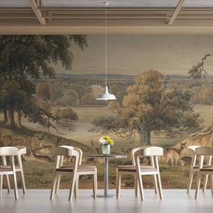 Vintage Landscape Big Trees Valley Deer and River Regular Wallpaper ...
