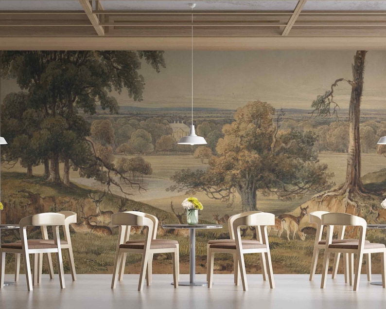 Vintage Landscape Big Trees Valley Deer and River Regular Wallpaper ...