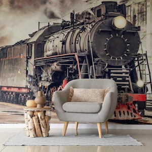 Removable Wallpaper Red Train Station Self Adhesive Mural Express Wall ...