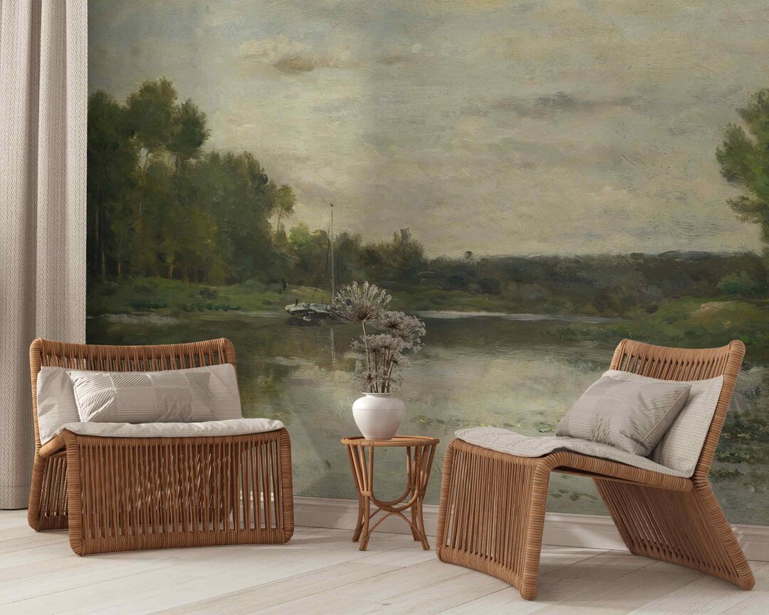 Vintage Landscape Mural Removable Rural Nature River, Field Self ...