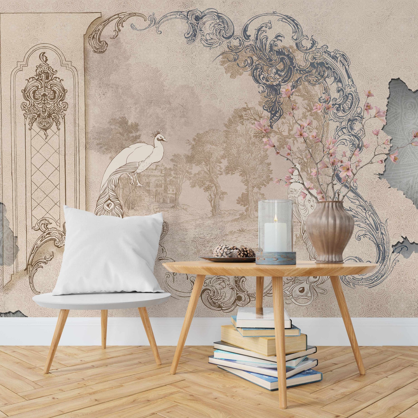 Antique Mural Peacock Classic Art Damask Concrete - Etsy